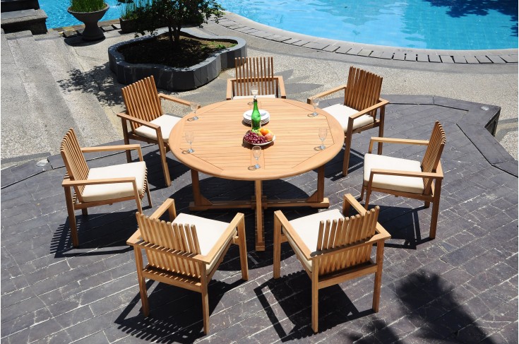 7 PC Dining Set - 60" Round Table & 6 Clipper Stacking Arm Chairs