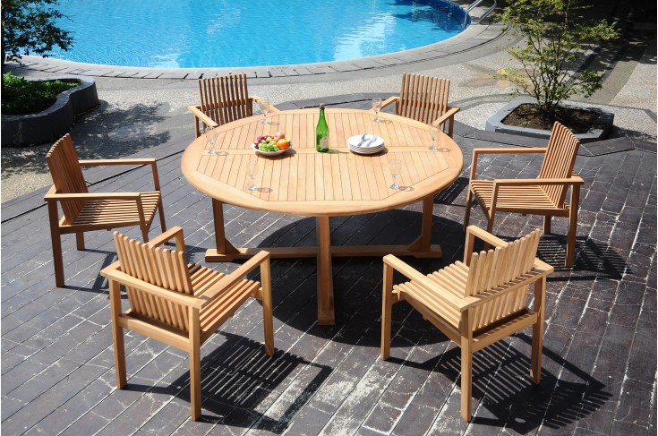 7 PC Dining Set - 72" Round Table & 6 Clipper Stacking Arm Chairs
